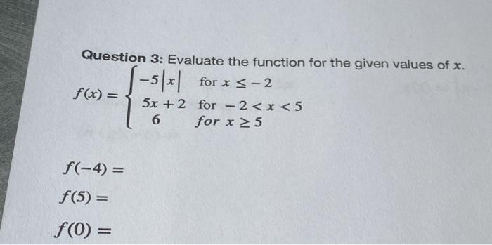 Solved Question 3: Evaluate the function for the given | Chegg.com