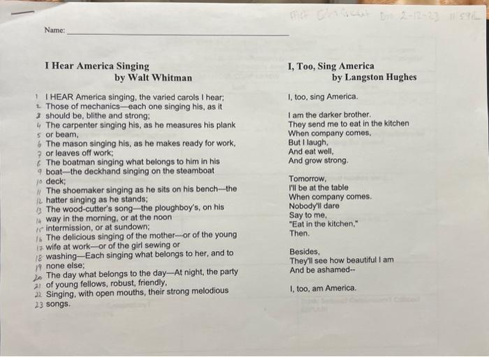 Name: I Hear America Singing by Walt Whitman I, Too, | Chegg.com