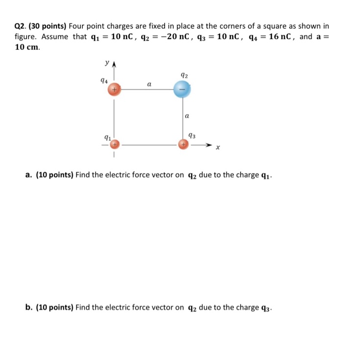 Solved Q2. (30 points) Four point charges are fixed in place | Chegg.com Solved Q2. (30 points) Four point charges are fixed in place | Chegg.com