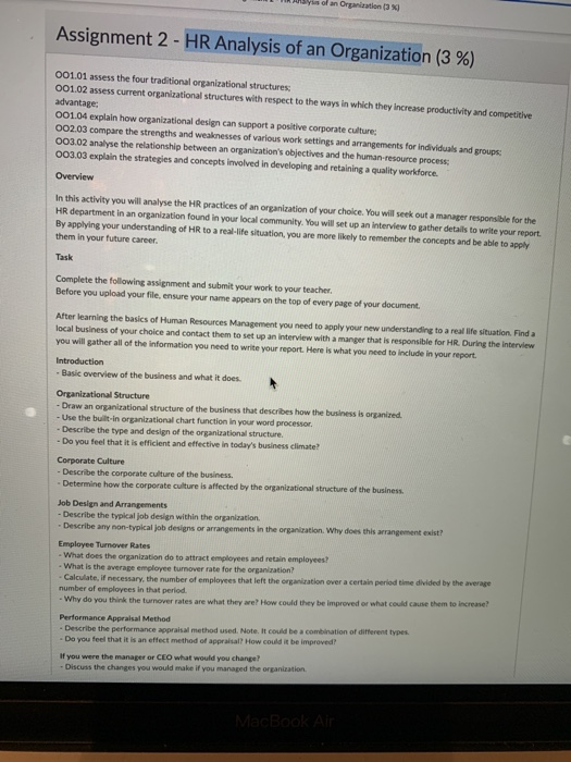 Solved of an Organisation Assignment 2 - HR Analysis of an | Chegg.com
