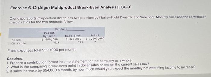 Solved Exercise 6-12 (Algo) Multiproduct Break-Even Analysis | Chegg.com