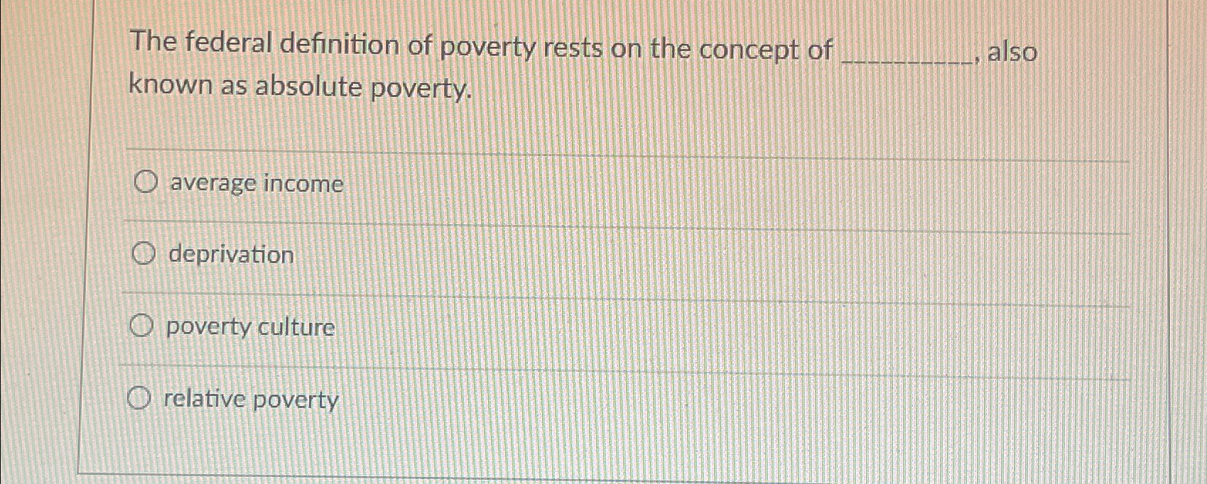 Solved The federal definition of poverty rests on the | Chegg.com