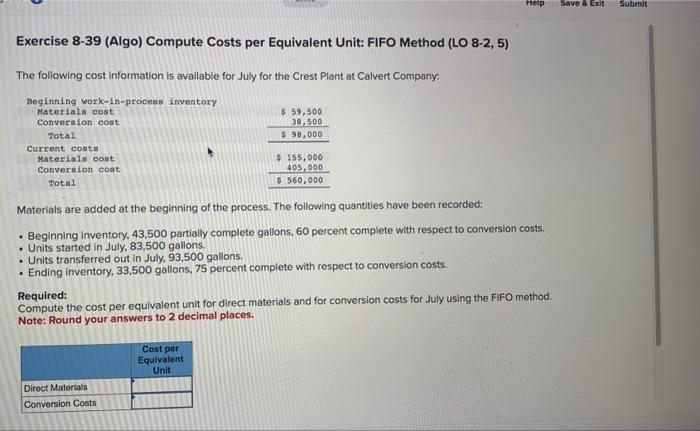 Solved Exercise 8-39 (Algo) Compute Costs per Equivalent | Chegg.com