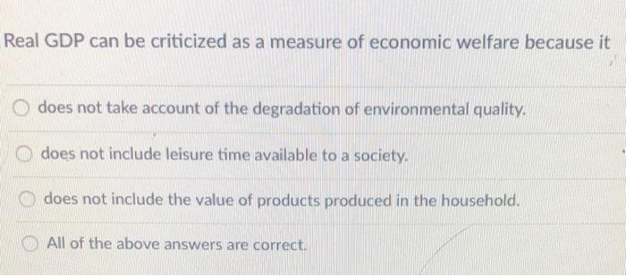 Solved Real GDP can be criticized as a measure of economic | Chegg.com