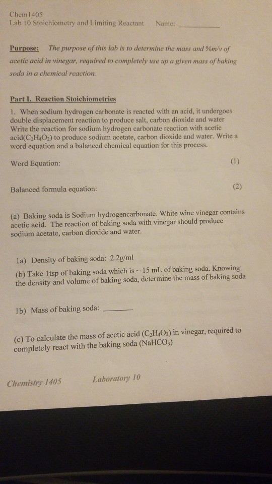 Solved Chem 1405 Lab 10 Stoichiometry And Limiting Reactant
