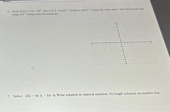 Solved 6. Civen f(x)=(x−2)2 for x≥2. Find f−1. Graph f and | Chegg.com