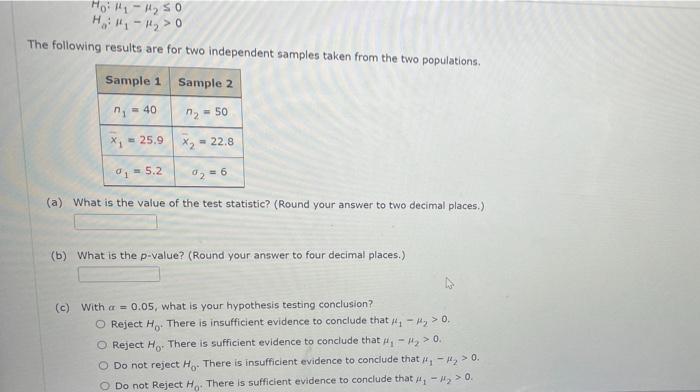 Solved HO: H1 H30 Hill-Hy > 0 The following results are for | Chegg.com