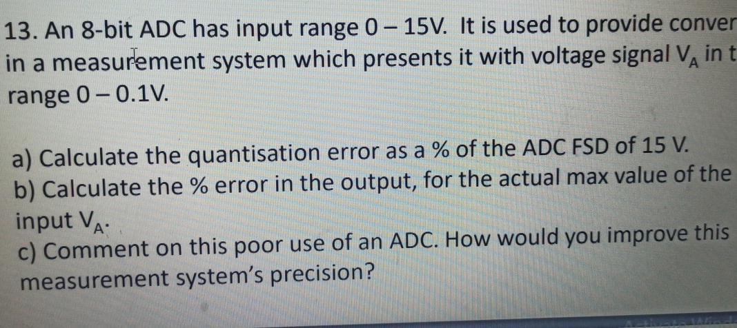 Solved An 8 Bit Adc Has Input Range 0 15v ﻿it Is Used To 
