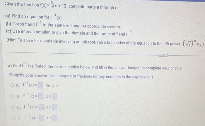 Solved Given the function f(x)=3x+12, complete parts a | Chegg.com