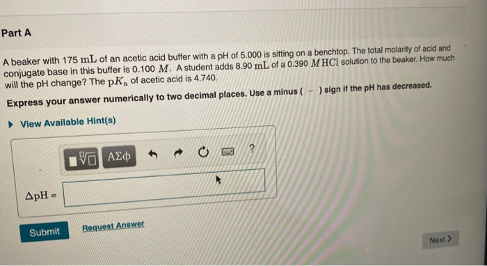 Solved Part A A beaker with 175 mL of an acetic acid buffer | Chegg.com