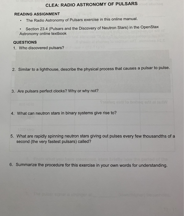 Solved CLEA: RADIO ASTRONOMY OF PULSARS READING ASSIGNMENT • | Chegg.com