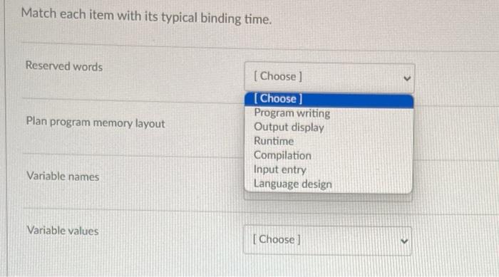 Solved Match each item with its typical binding time. | Chegg.com