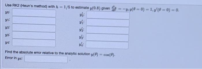 Solved yo: Use RK2 (Heun's method) with h = 1/5 to estimate | Chegg.com