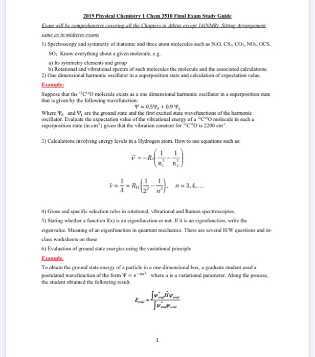 2019 Physical Chemistry 1 Chem 3510 Final Exam Study | Chegg.com