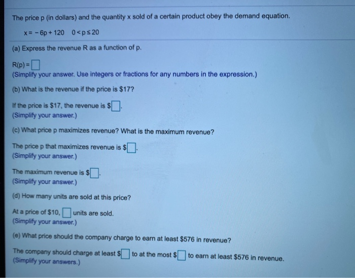 Solved The price p (in dollars) and the quantity x sold of a | Chegg.com