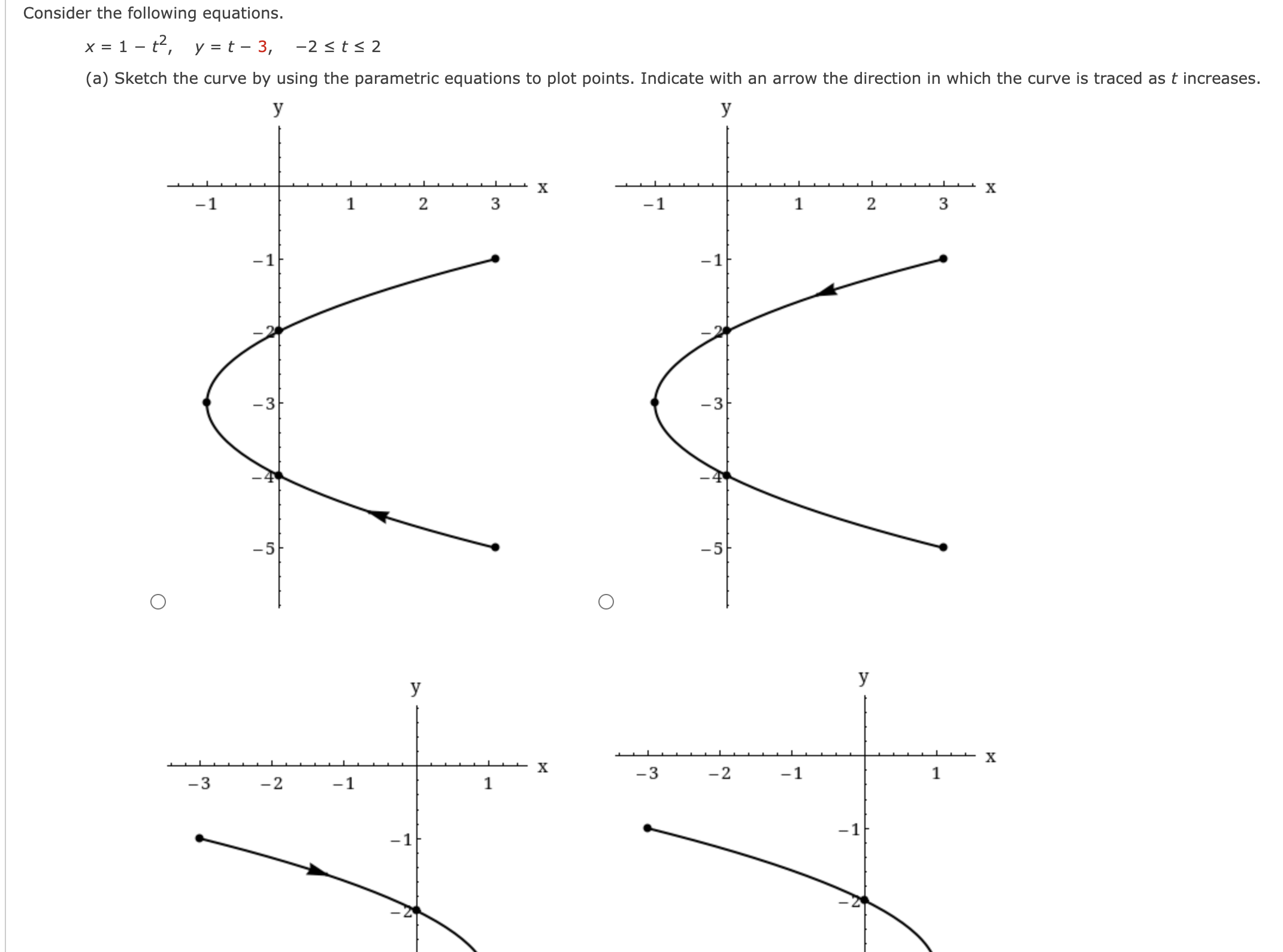 Solved x = 1 − ﻿t2, ﻿ y = ﻿t − 3, −2