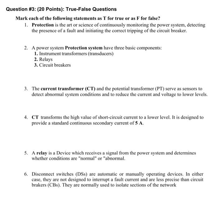 Solved stion \#3: (20 Points): True-False Questions Mark | Chegg.com