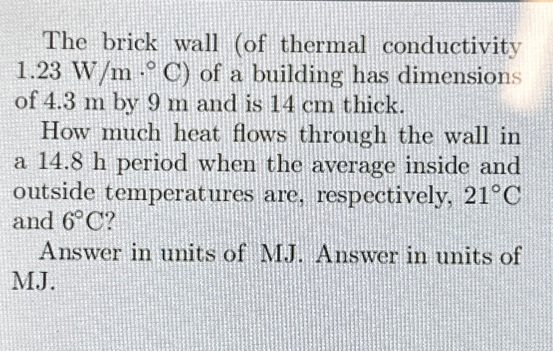 Solved The brick wall (of thermal conductivity 1.23 ﻿W/m | Chegg.com