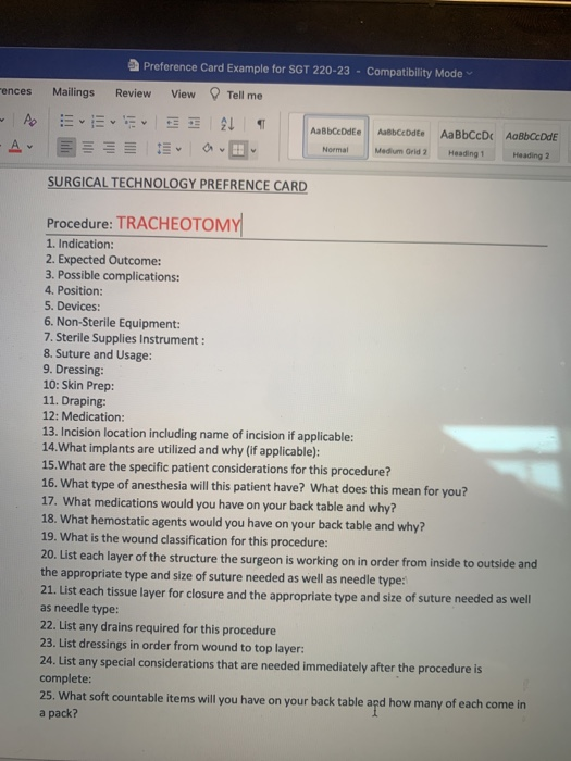 Preference Card Example for SGT 220-23 - | Chegg.com