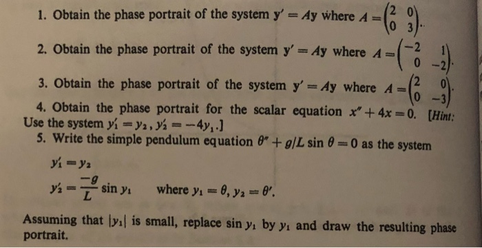 Solved 1. Obtain the phase portrait of the system y' = Ay | Chegg.com