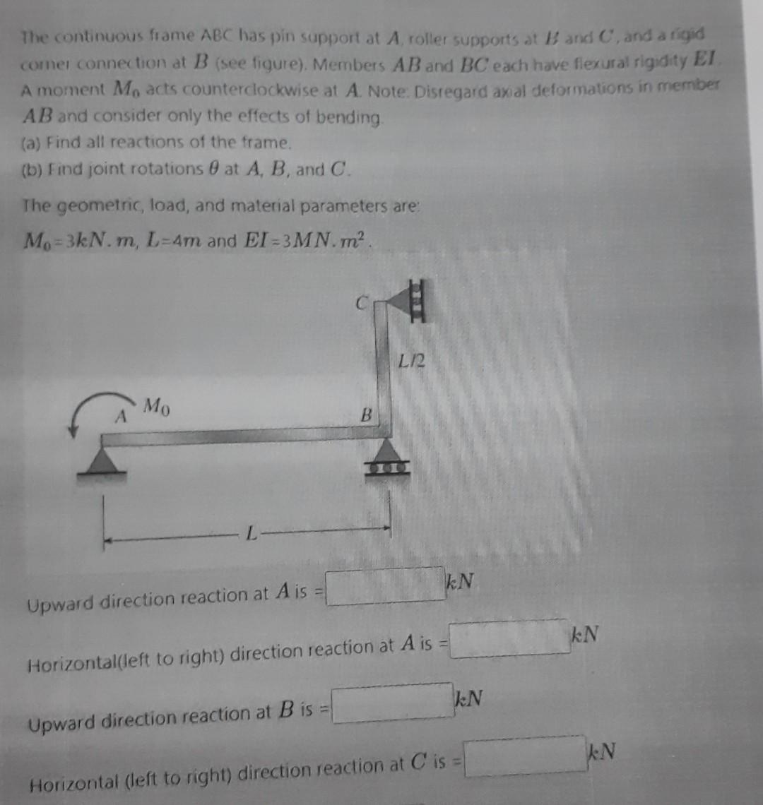 Solved The continuous frame ABC has pin support at A roller | Chegg.com