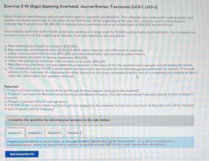 Solved Exercise 3-10 (Algo) Applying Overhead; Journol | Chegg.com
