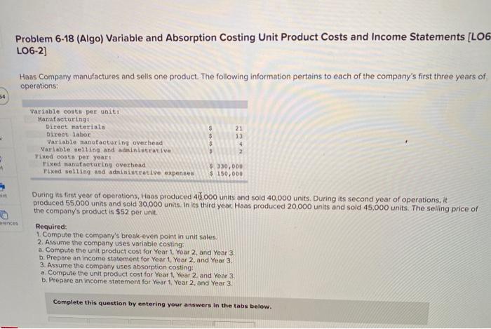 Solved Problem 6-18 (Algo) Variable and Absorption Costing | Chegg.com