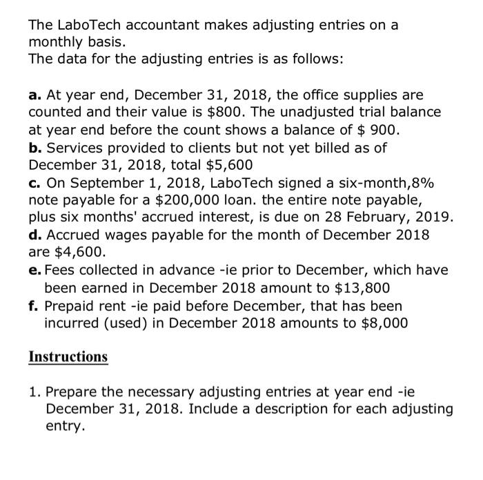 Solved The LaboTech accountant makes adjusting entries on a | Chegg.com