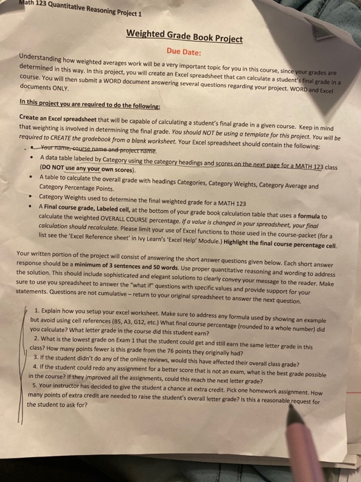 Math 123 Quantitative Reasoning Project 1 Weighted | Chegg.com