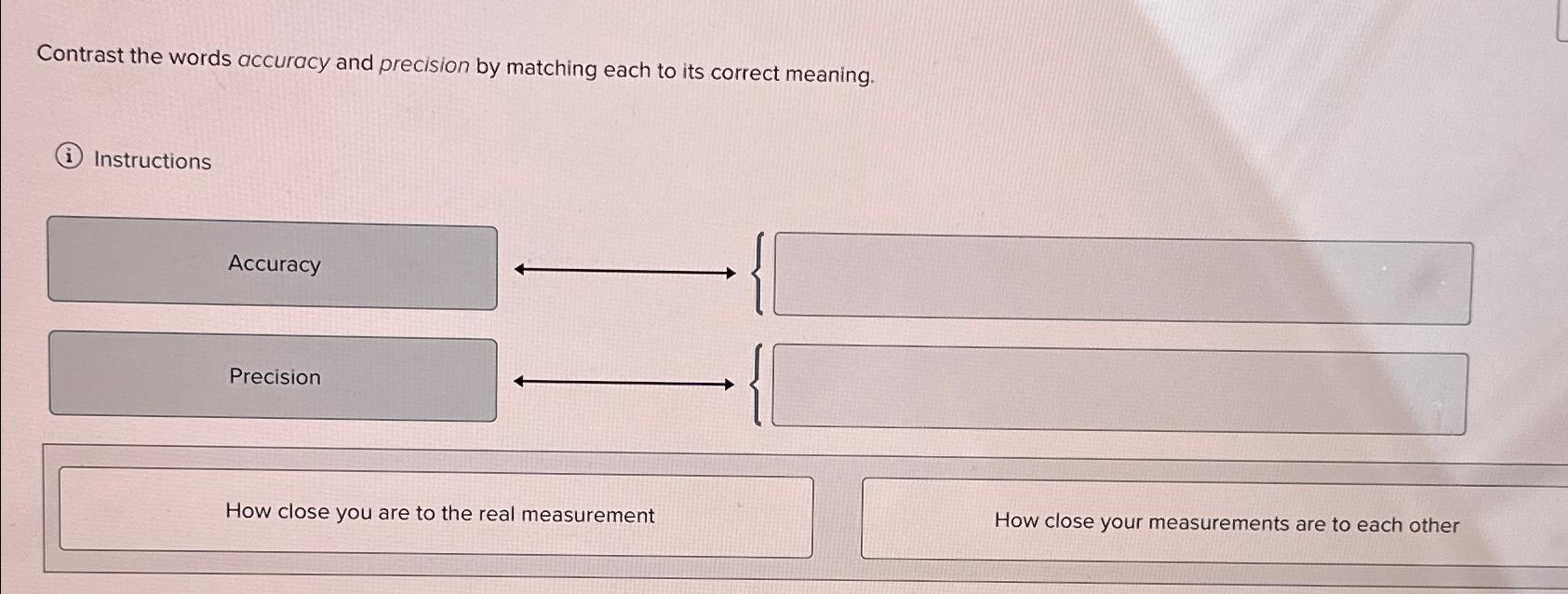 Solved Contrast the words accuracy and precision by matching | Chegg.com