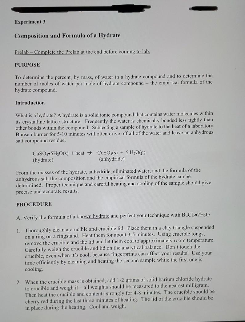 Solved Experiment 3 Composition and Formula of a Hydrate | Chegg.com