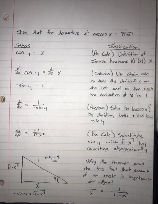 Solved show that the derivative of arccos x = Steps со ч х | Chegg.com