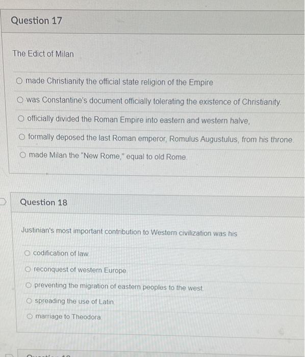 Solved Question 17 The Edict of Milan o made Christianity | Chegg.com
