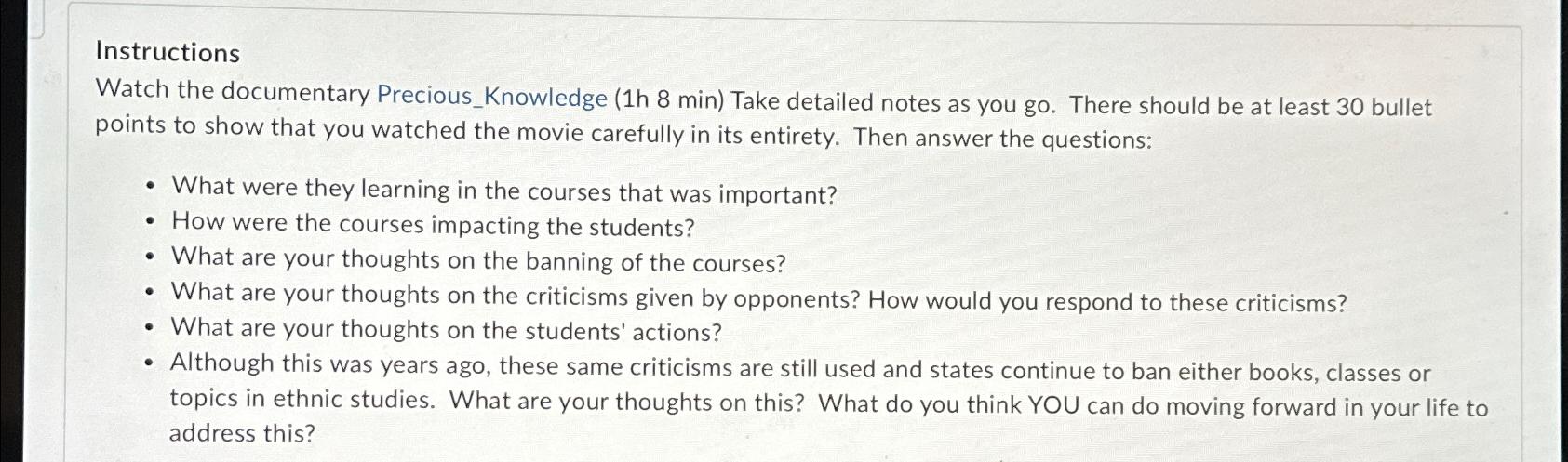 Solved InstructionsWatch the documentary Precious_Knowledge | Chegg.com