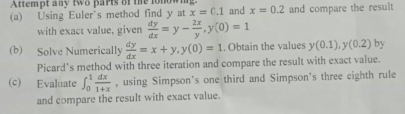 Solved (a) Using Euler's method find y at x=0.1 and x=0.2 | Chegg.com