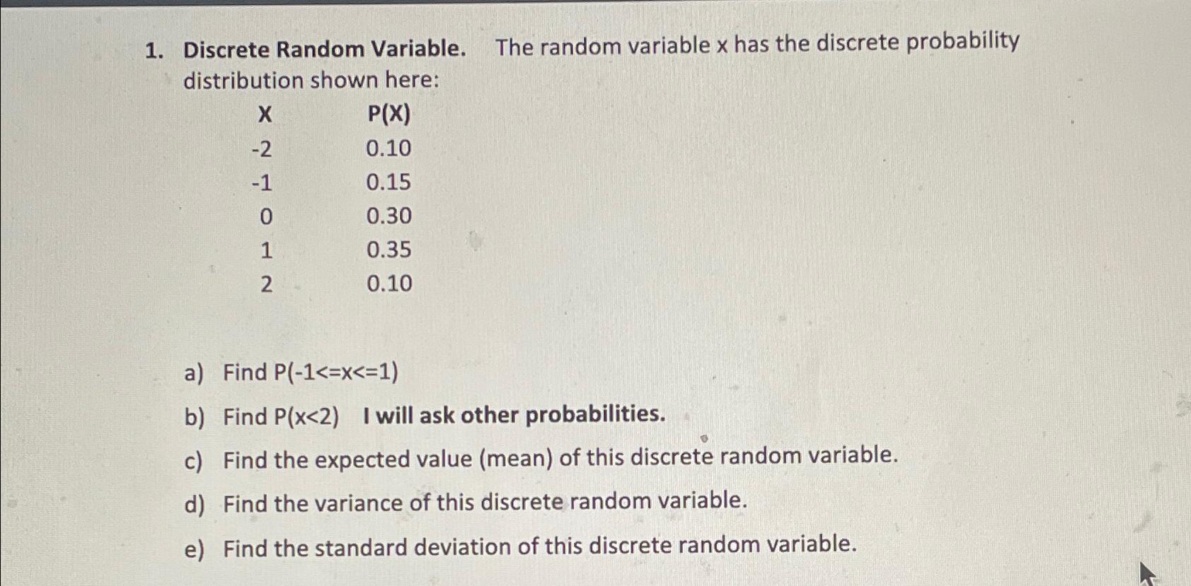 Solved Discrete Random Variable. The random variable x ﻿has | Chegg.com