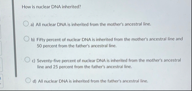 Solved How is nuclear DNA inherited?a) ﻿All nuclear DNA is | Chegg.com