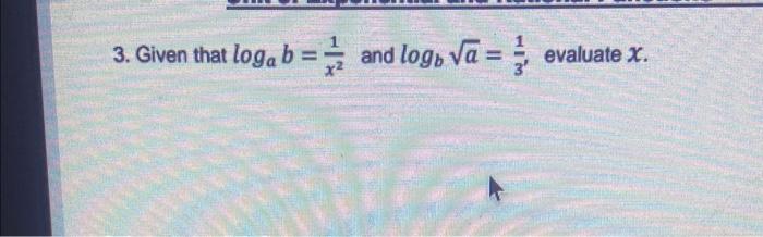 Solved 3. Given that logab=x21 and logba=31, evaluate x. | Chegg.com