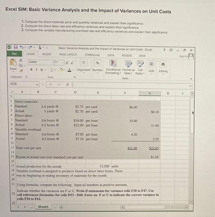 Solved Excel SIM: Basic Variance Analysis and the Impact of | Chegg.com