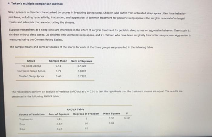 Solved 4. Tukey's multiple comparison method Sleep apnea is | Chegg.com
