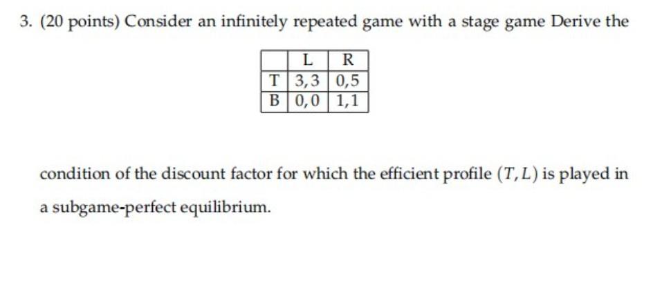 Solved 3. (20 points) Consider an infinitely repeated game | Chegg.com