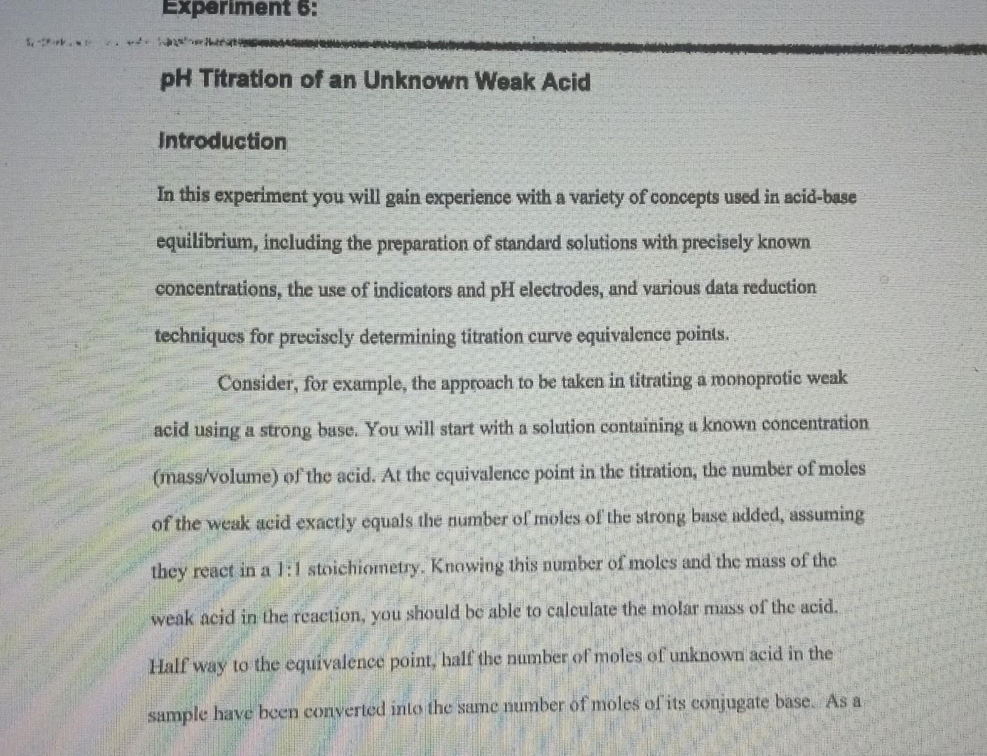pH Titration of an Unknown Weak Acid Introduction In | Chegg.com