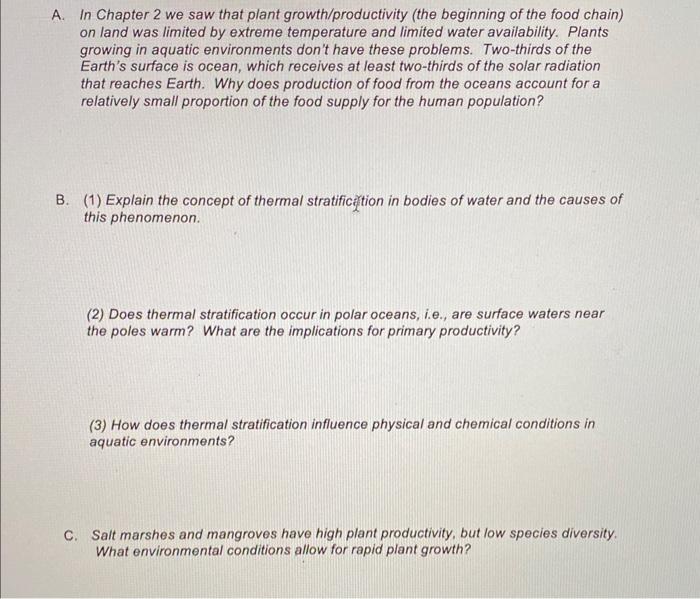 Solved A. In Chapter 2 we saw that plant growth/productivity | Chegg.com