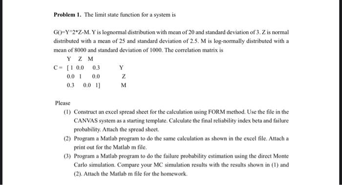 Solved Problem 1. The limit state function for a system is | Chegg.com