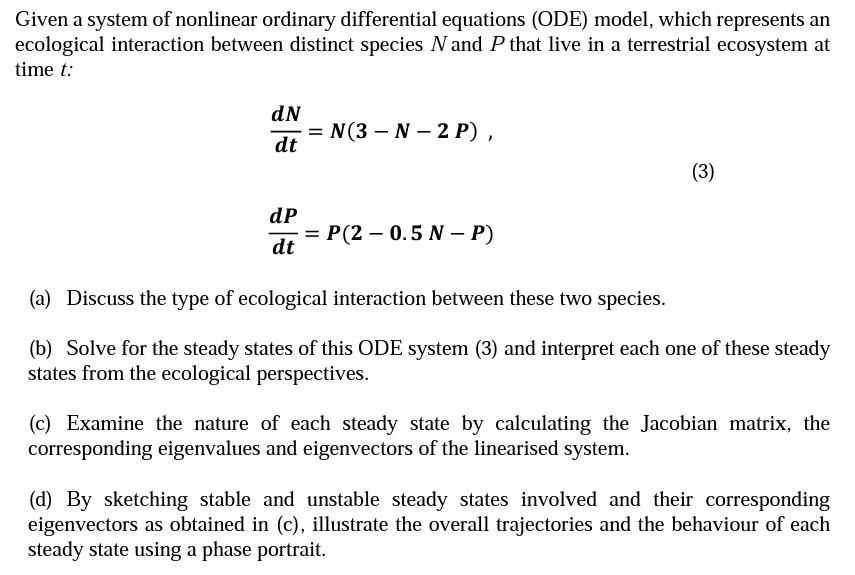 Solved Given A System Of Nonlinear Ordinary Differential