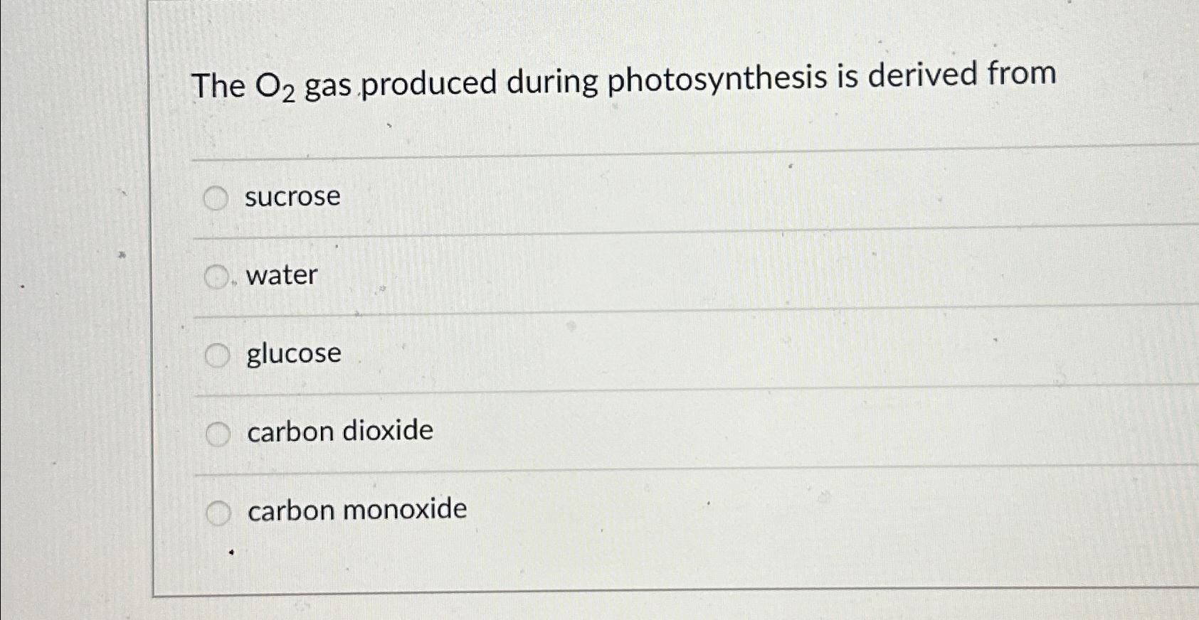 Solved The O2 ﻿gas produced during photosynthesis is derived | Chegg.com