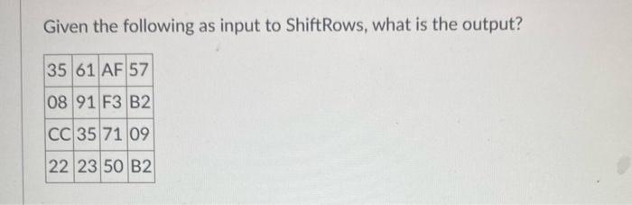 Solved Given the following as input to ShiftRows, what is | Chegg.com