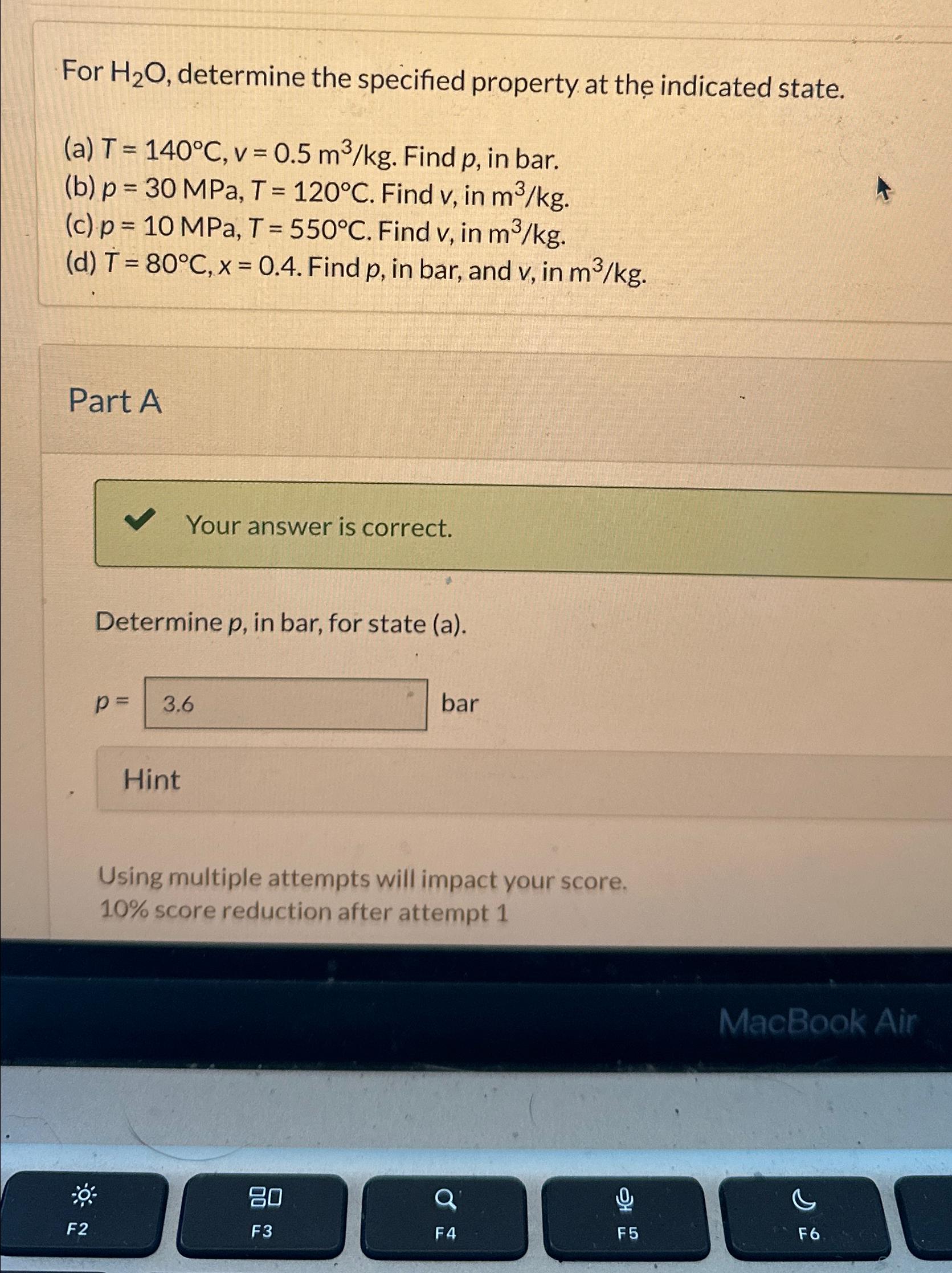 Solved For H2O, ﻿determine the specified property at the | Chegg.com