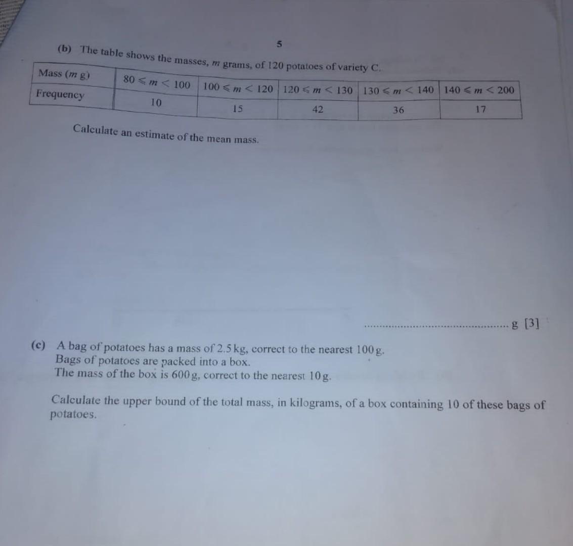 Solved 5 (b) The table shows the masses, m grams of 120 | Chegg.com
