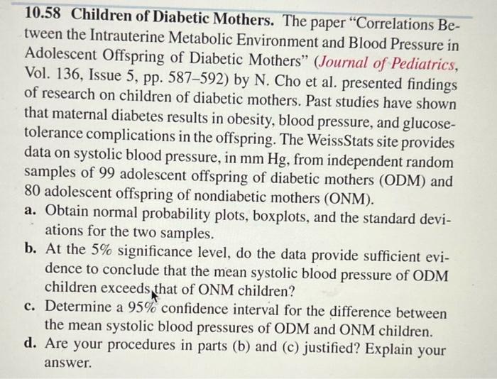 Solved I0.58 Children of Diabetic Mothers. The paper | Chegg.com